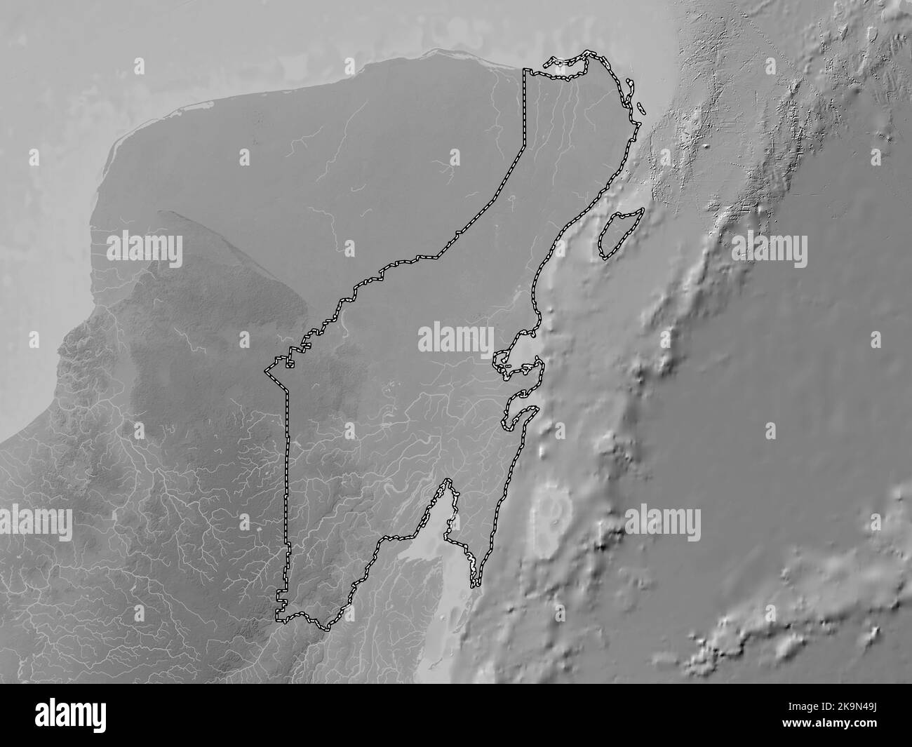 Quintana Roo, state of Mexico. Grayscale elevation map with lakes and ...