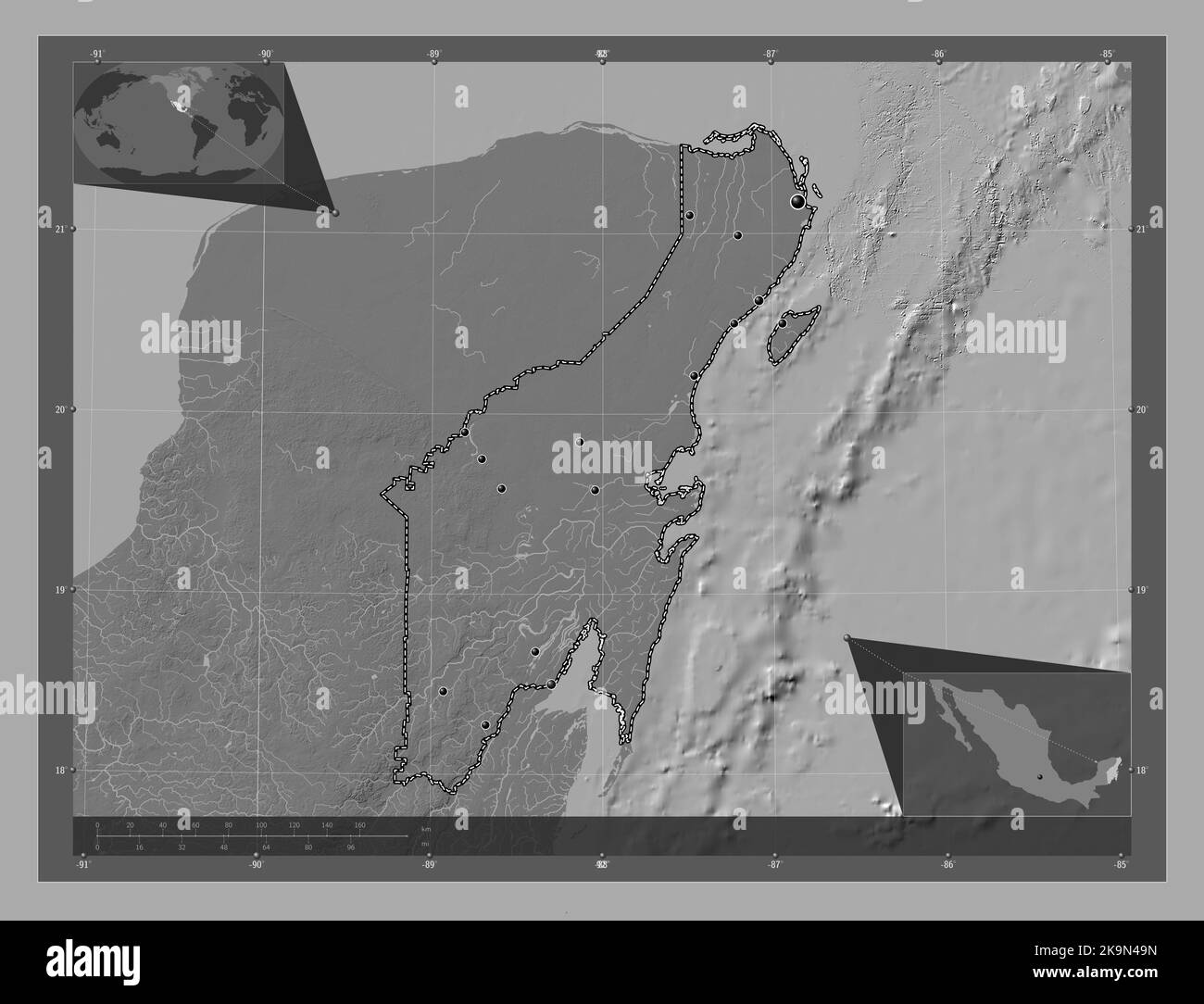 Quintana Roo, state of Mexico. Bilevel elevation map with lakes and ...