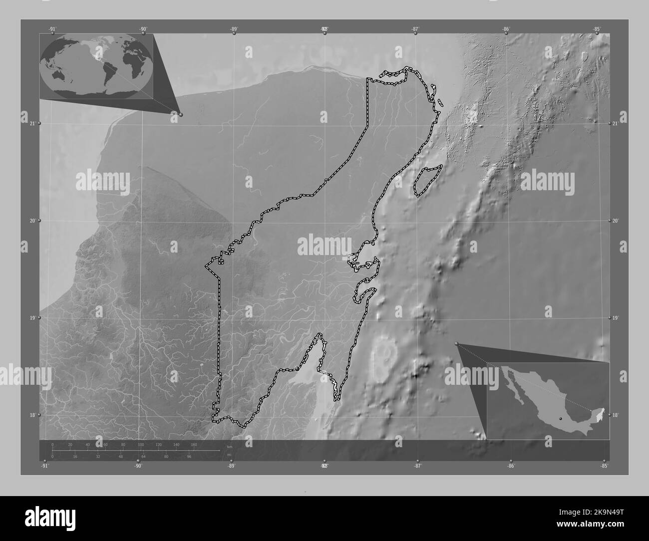 Quintana Roo, state of Mexico. Grayscale elevation map with lakes and ...