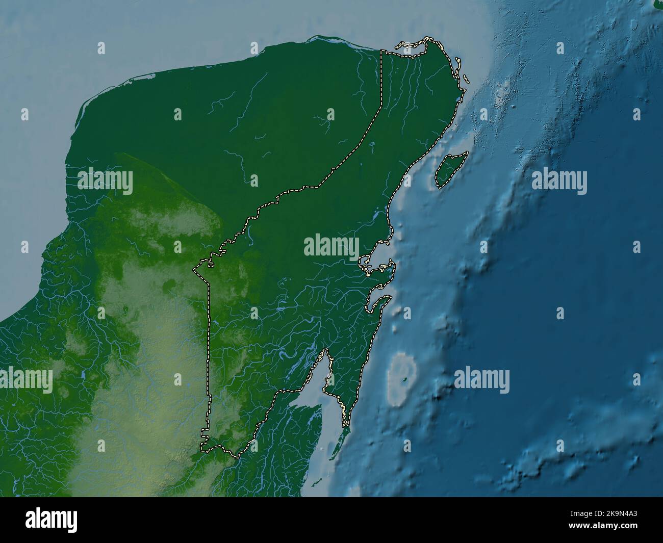 Quintana Roo, state of Mexico. Colored elevation map with lakes and ...