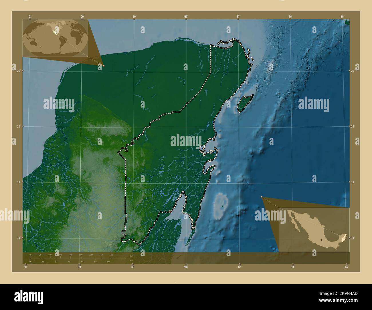 Quintana Roo, state of Mexico. Colored elevation map with lakes and ...