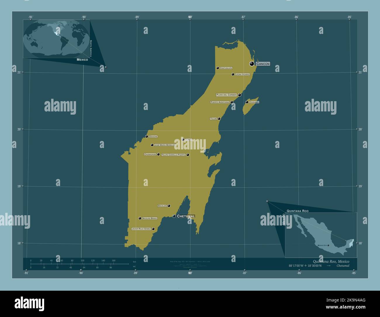 Quintana Roo, state of Mexico. Solid color shape. Locations and names ...