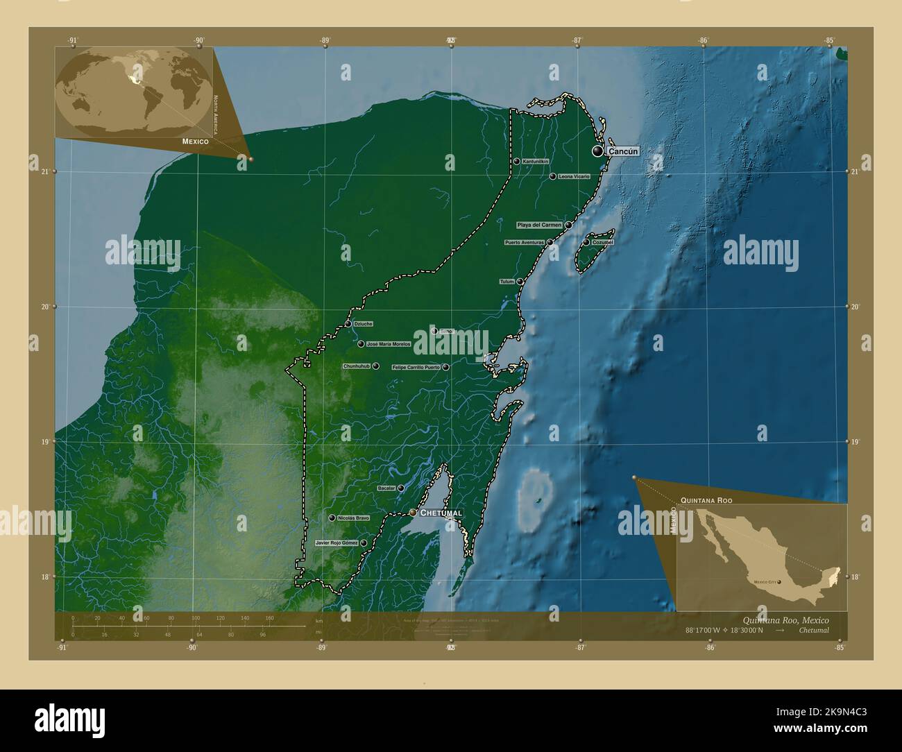 Quintana Roo, state of Mexico. Colored elevation map with lakes and ...