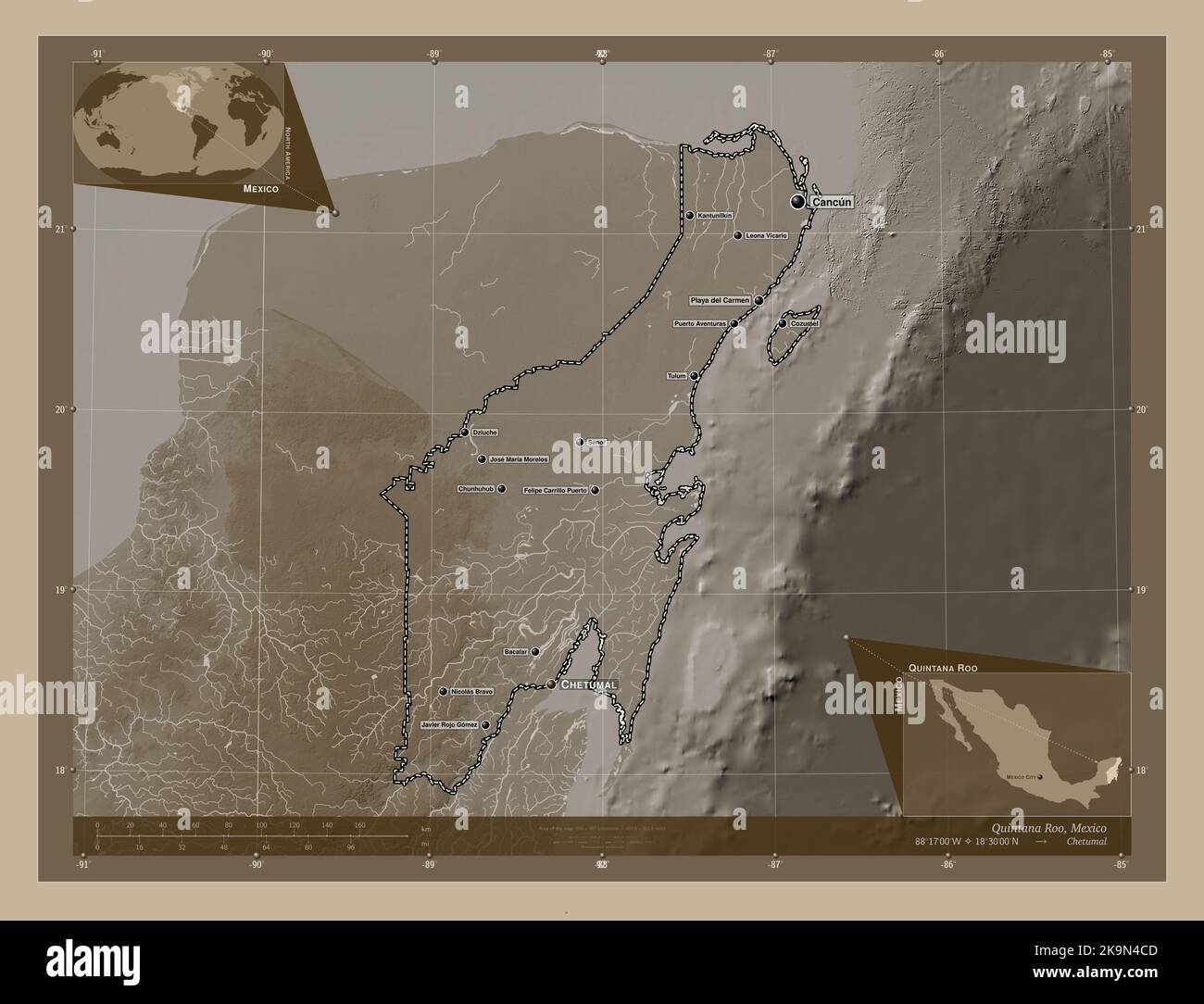 Quintana Roo, state of Mexico. Elevation map colored in sepia tones ...