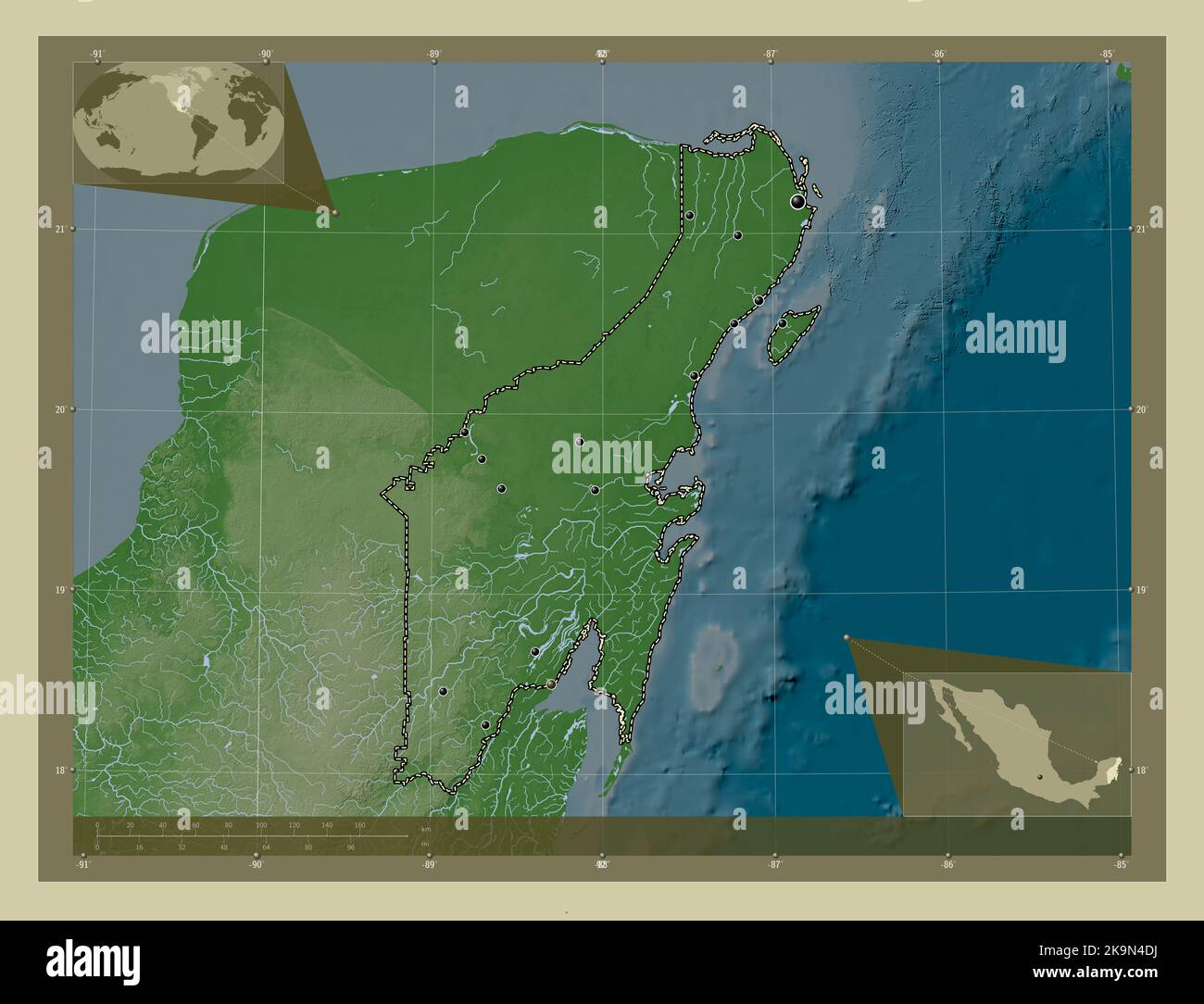 Quintana Roo, state of Mexico. Elevation map colored in wiki style with ...