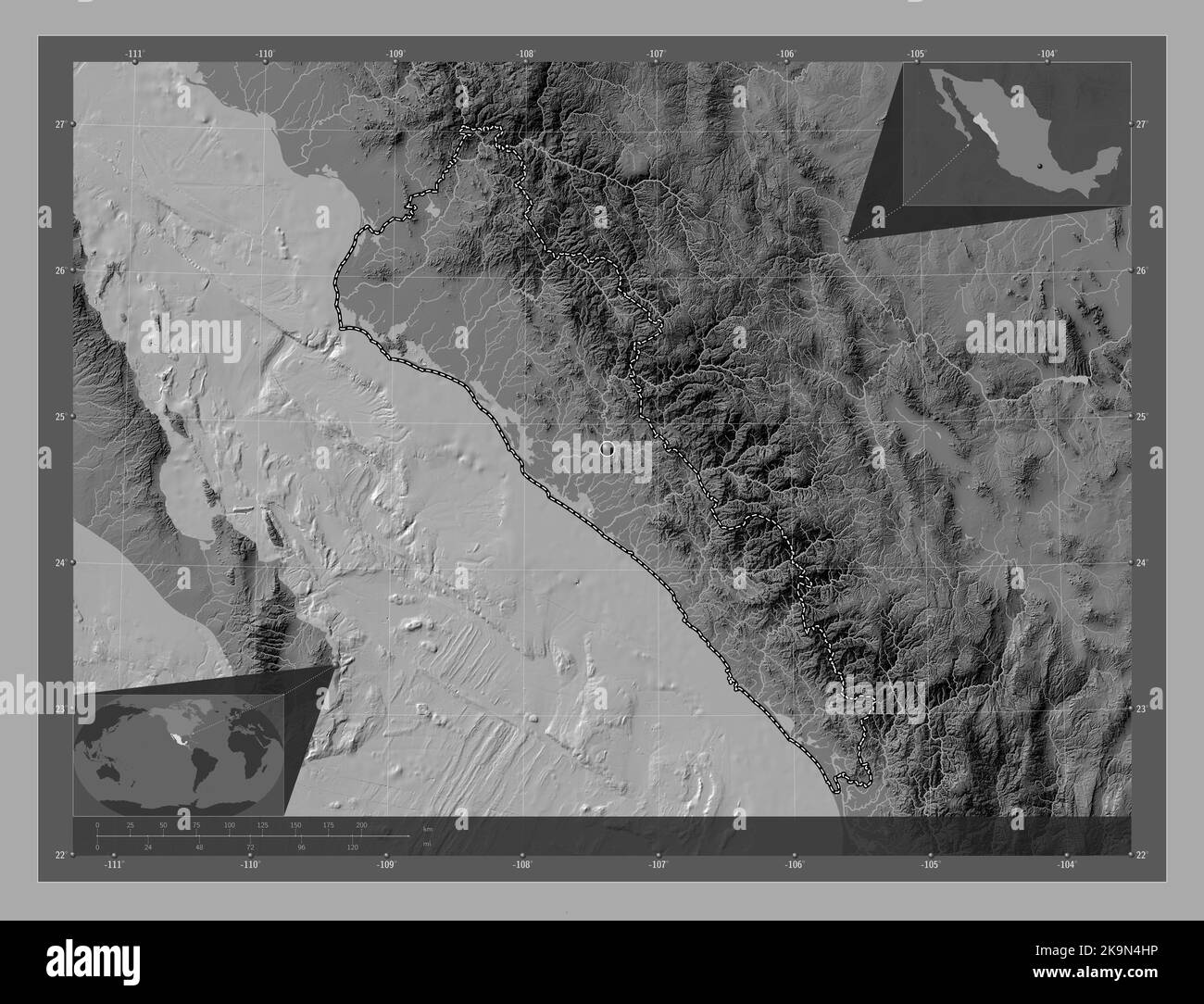 Sinaloa, state of Mexico. Bilevel elevation map with lakes and rivers ...