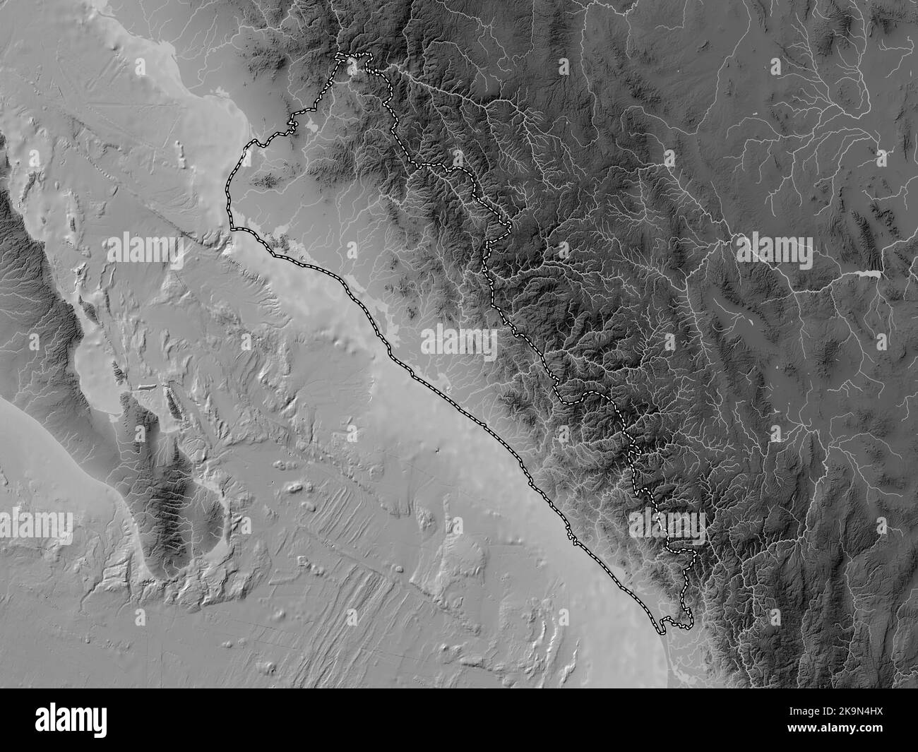 Sinaloa, state of Mexico. Grayscale elevation map with lakes and rivers ...