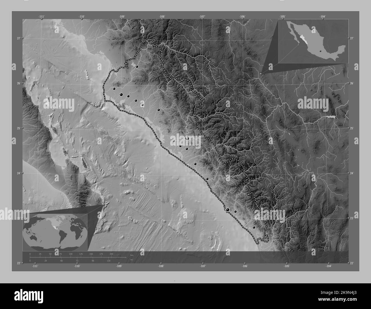Sinaloa, state of Mexico. Grayscale elevation map with lakes and rivers ...