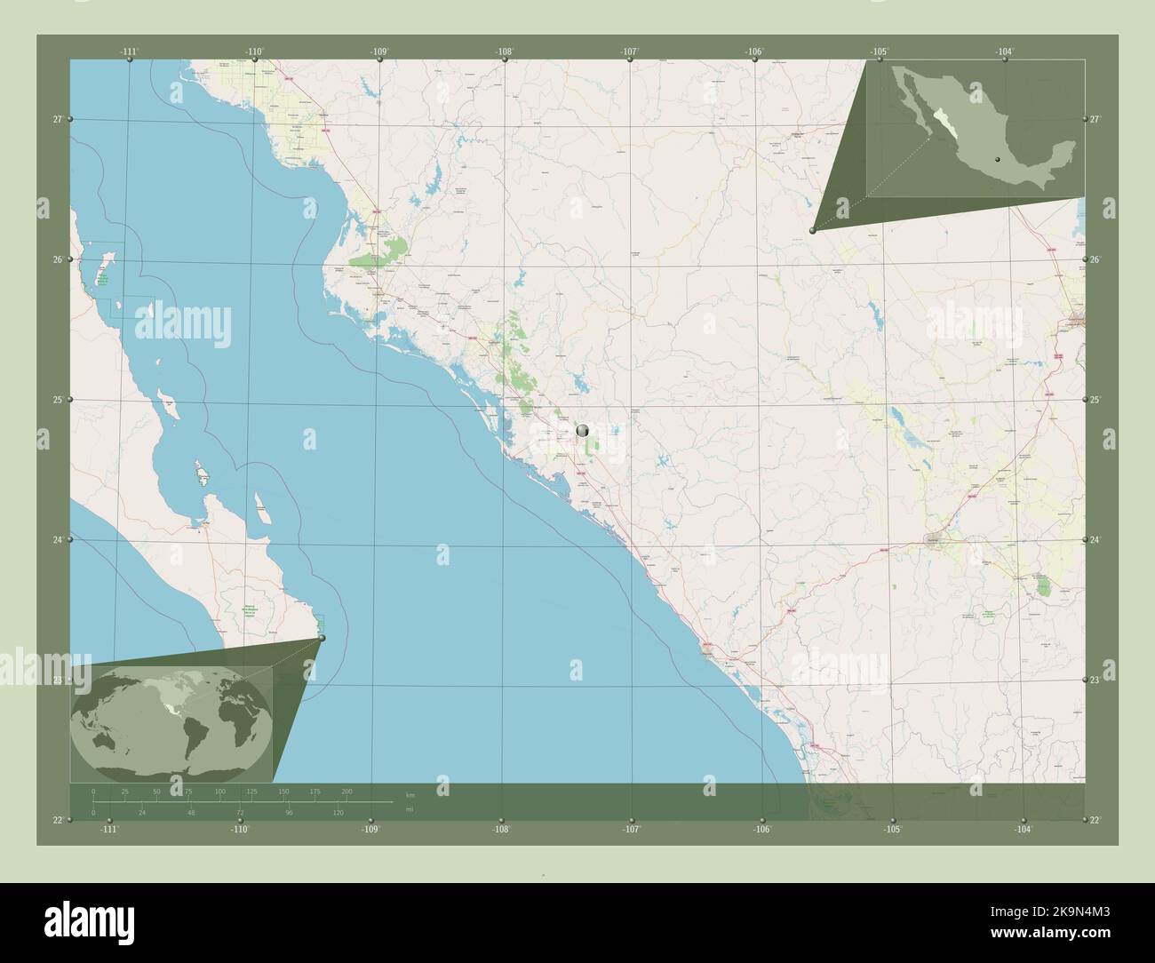 Sinaloa, state of Mexico. Open Street Map. Corner auxiliary location ...