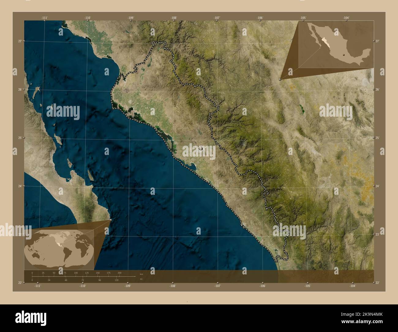 Sinaloa, state of Mexico. Low resolution satellite map. Corner ...