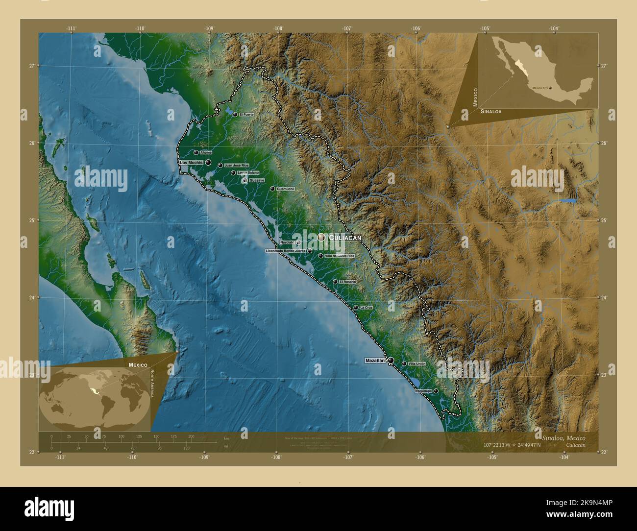 Sinaloa, state of Mexico. Colored elevation map with lakes and rivers ...
