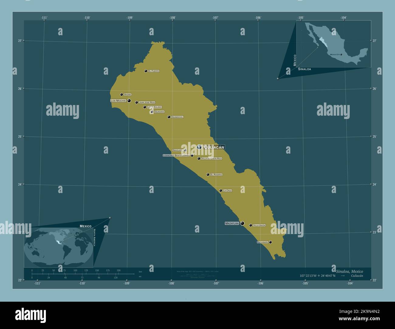 Sinaloa, state of Mexico. Solid color shape. Locations and names of ...