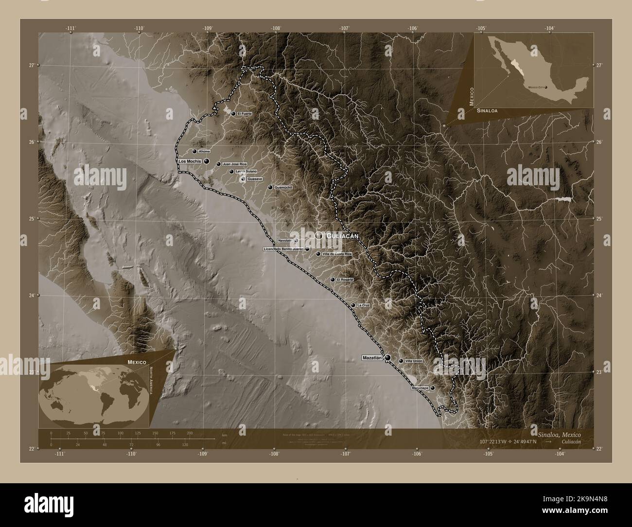 Sinaloa, state of Mexico. Elevation map colored in sepia tones with ...