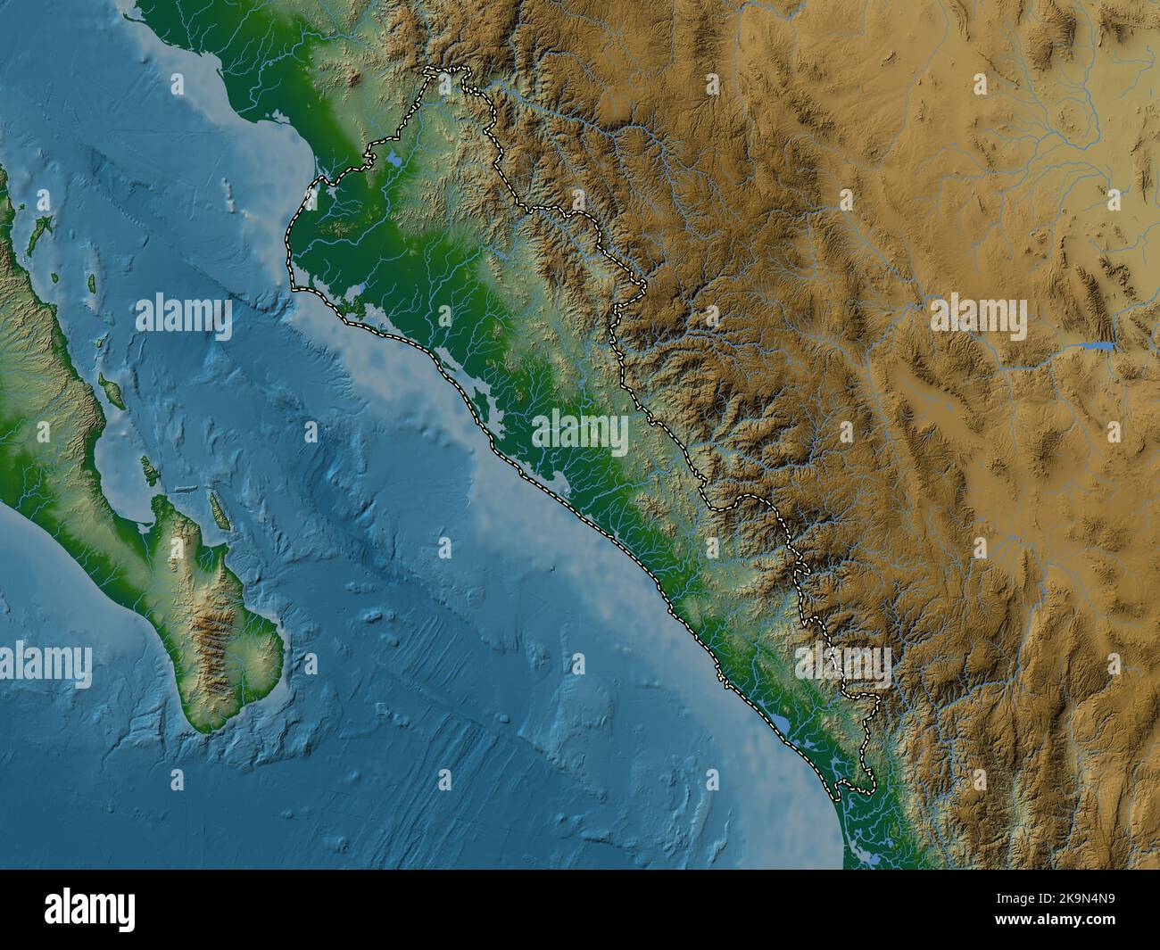 Sinaloa, state of Mexico. Colored elevation map with lakes and rivers ...
