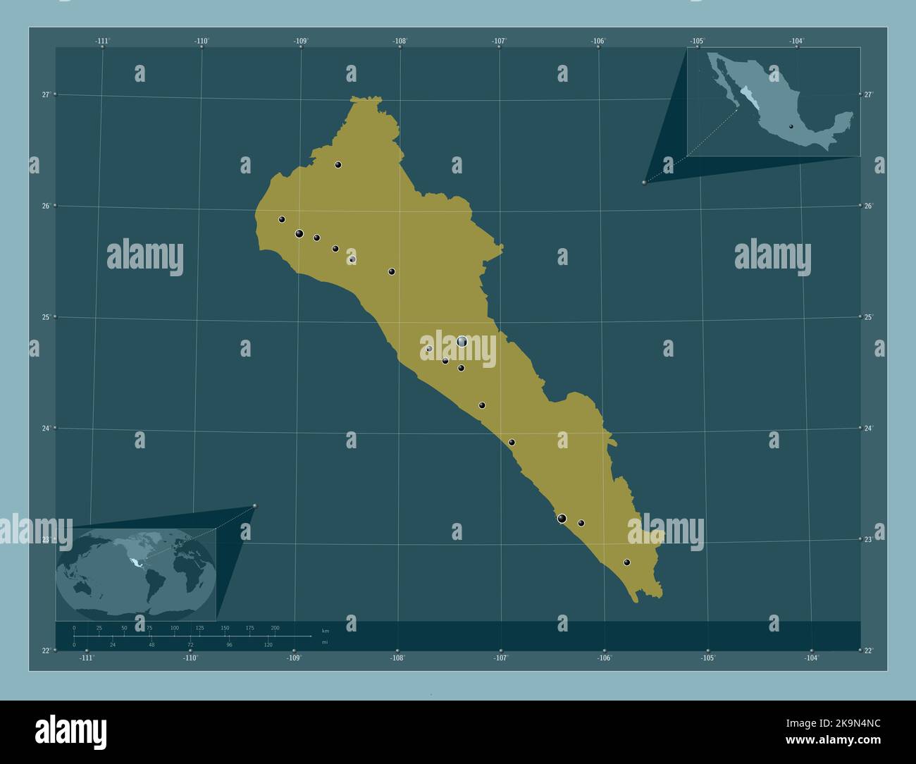 Sinaloa, state of Mexico. Solid color shape. Locations of major cities ...