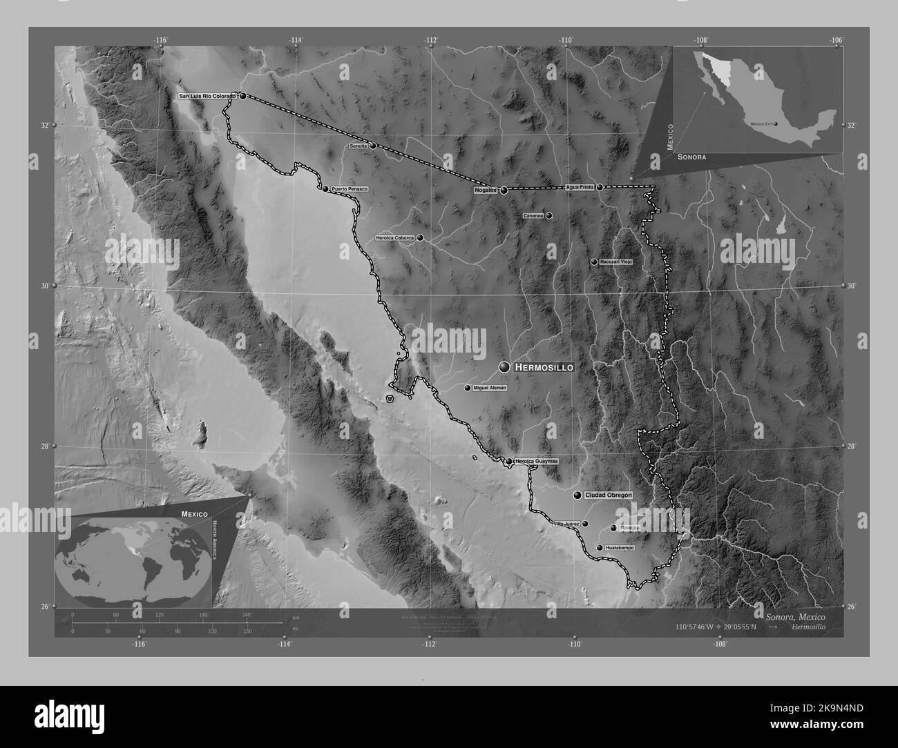 Sonora, state of Mexico. Grayscale elevation map with lakes and rivers ...