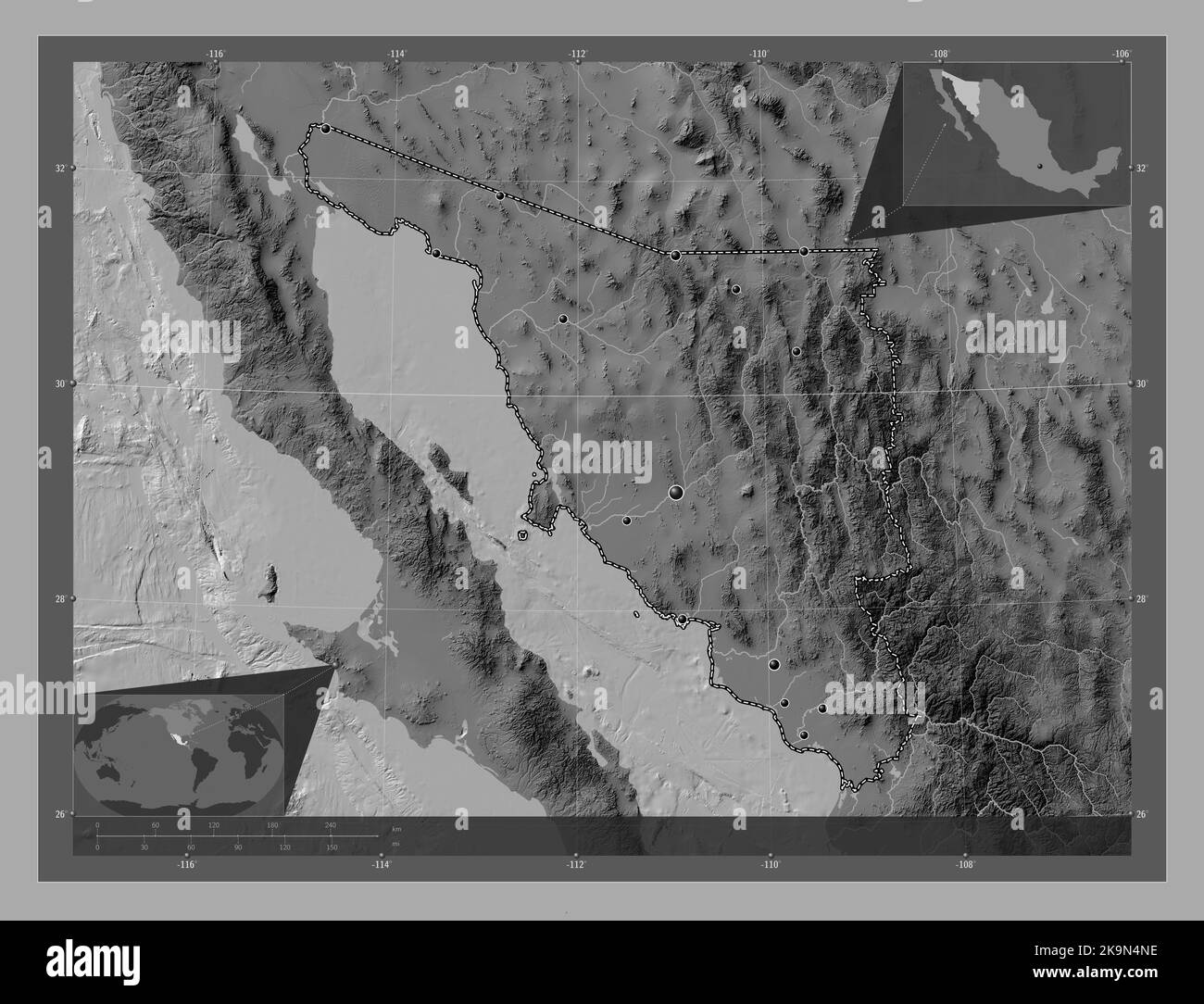 Sonora, state of Mexico. Bilevel elevation map with lakes and rivers ...