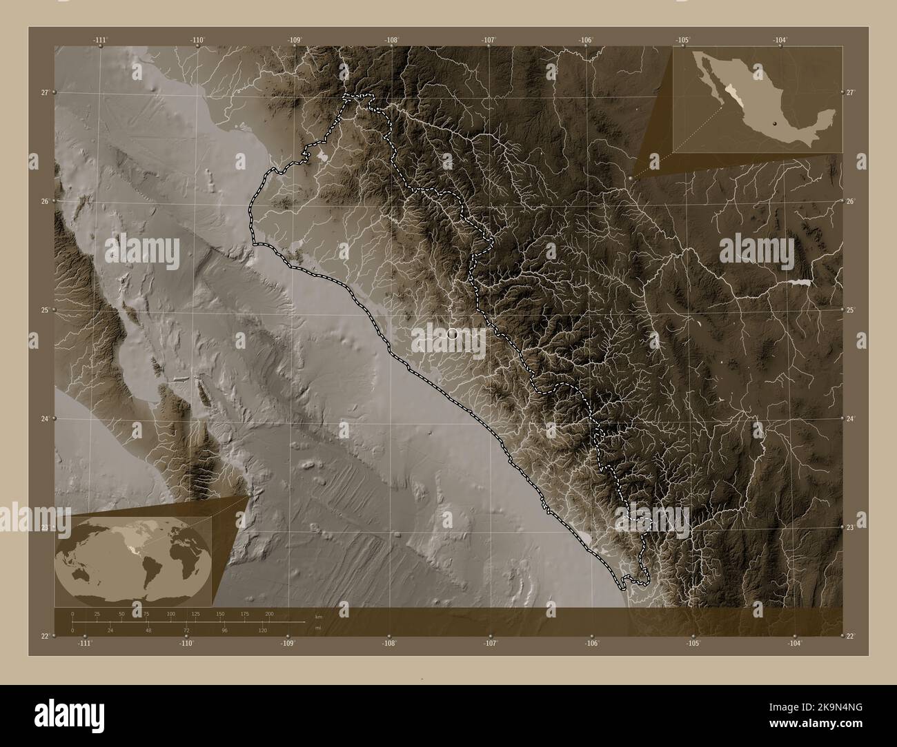 Sinaloa, state of Mexico. Elevation map colored in sepia tones with ...