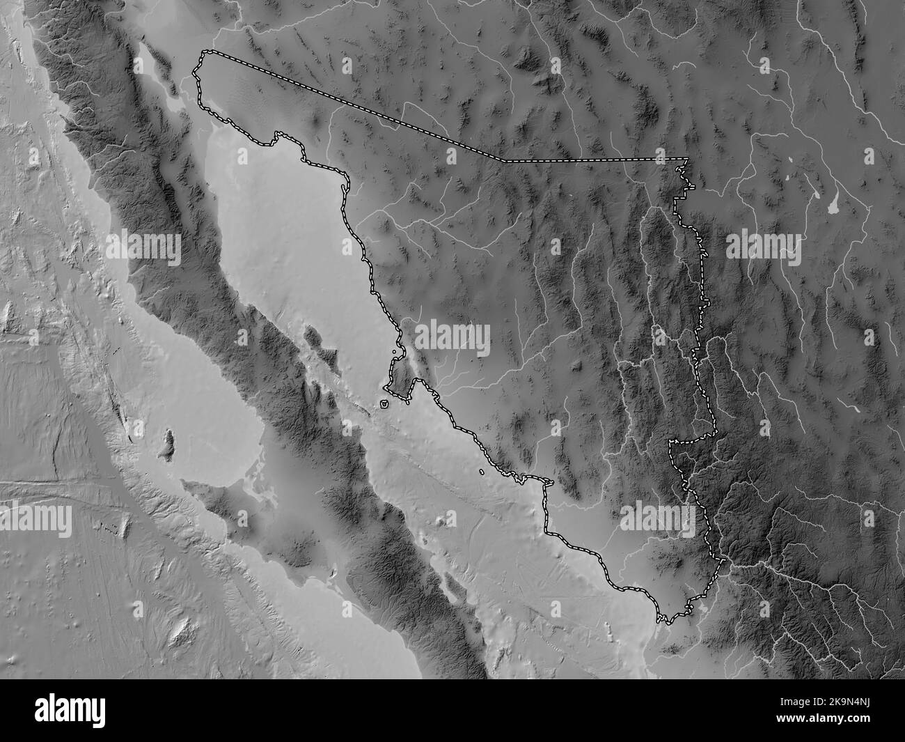 Sonora, state of Mexico. Grayscale elevation map with lakes and rivers ...