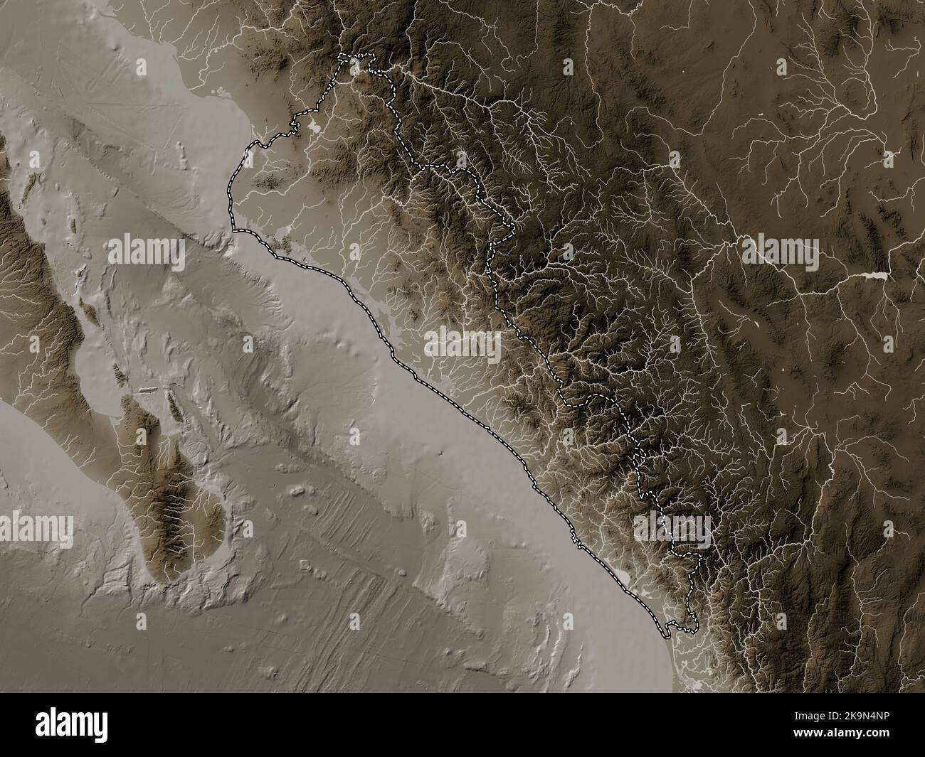Sinaloa, state of Mexico. Elevation map colored in sepia tones with ...