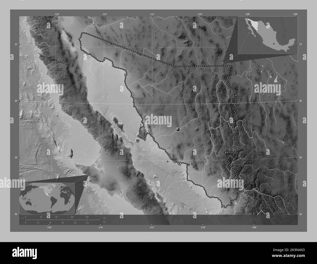 Sonora, state of Mexico. Grayscale elevation map with lakes and rivers ...