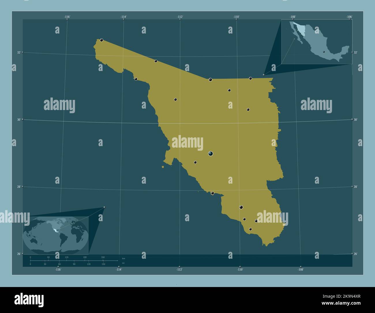 Sonora, state of Mexico. Solid color shape. Locations of major cities ...