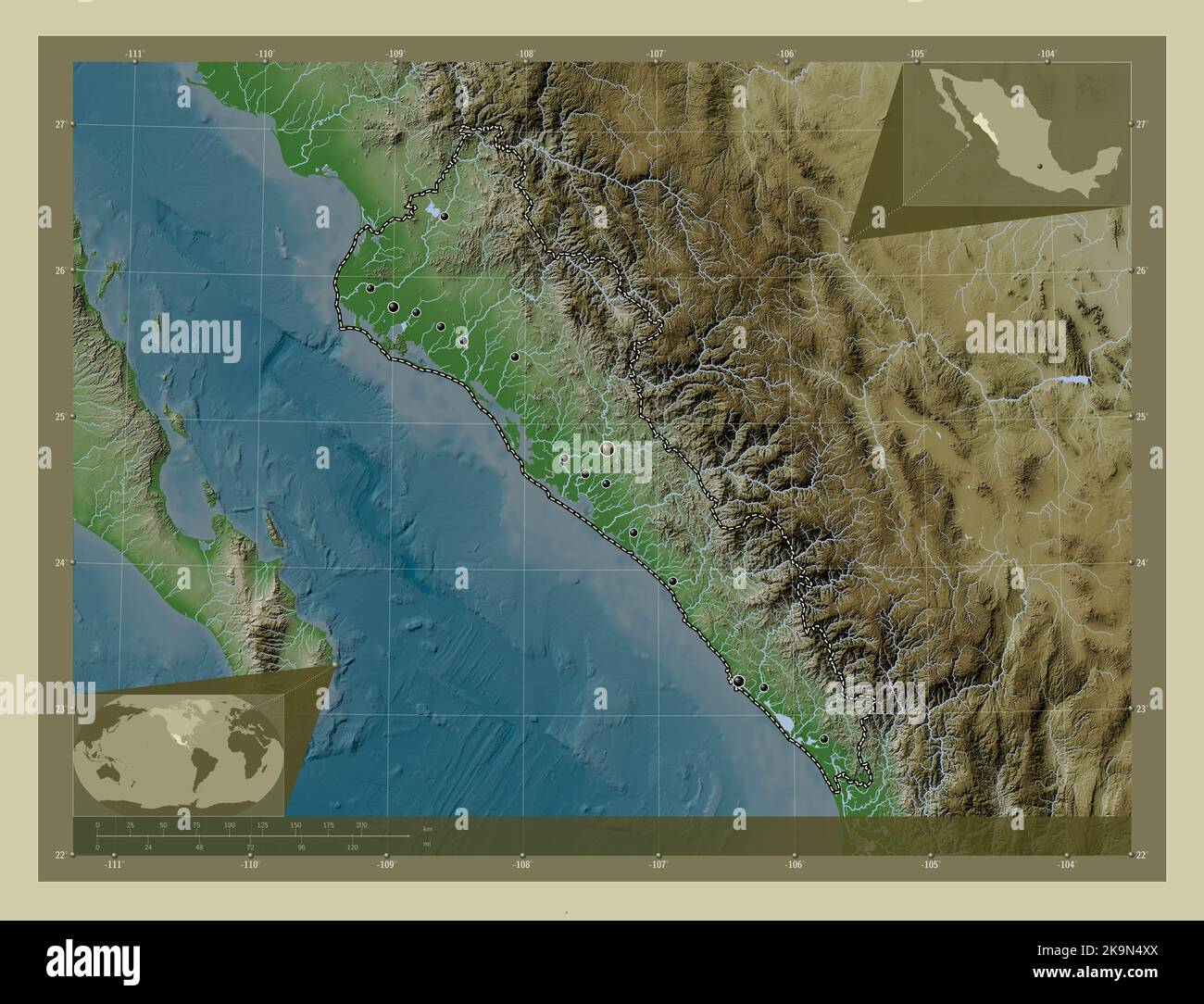 Sinaloa, state of Mexico. Elevation map colored in wiki style with ...