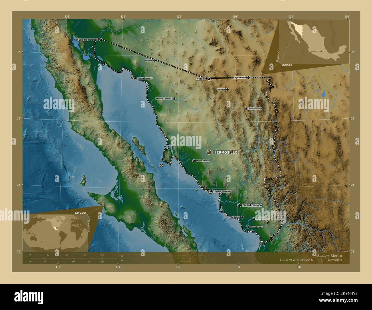 Sonora, state of Mexico. Colored elevation map with lakes and rivers ...