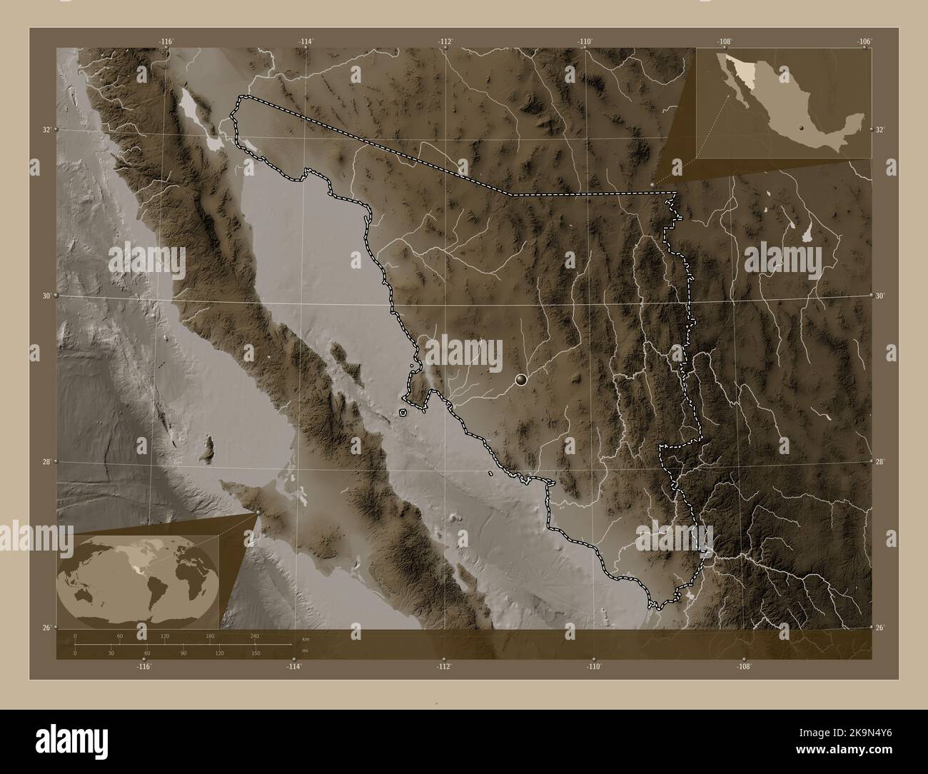 Sonora, state of Mexico. Elevation map colored in sepia tones with ...