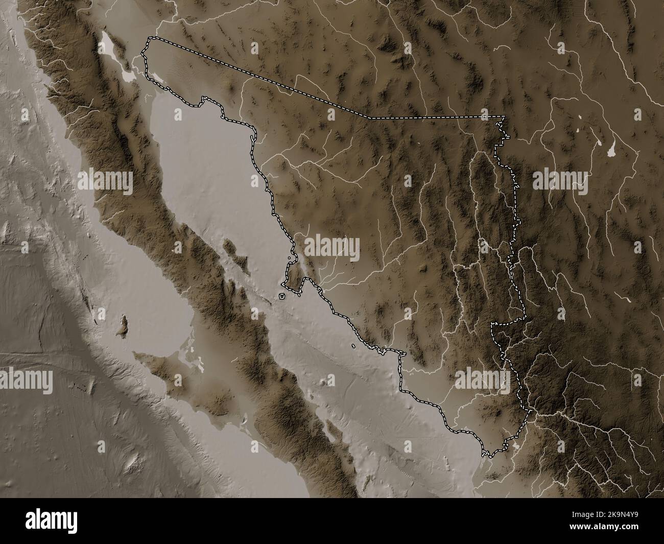 Sonora, state of Mexico. Elevation map colored in sepia tones with ...