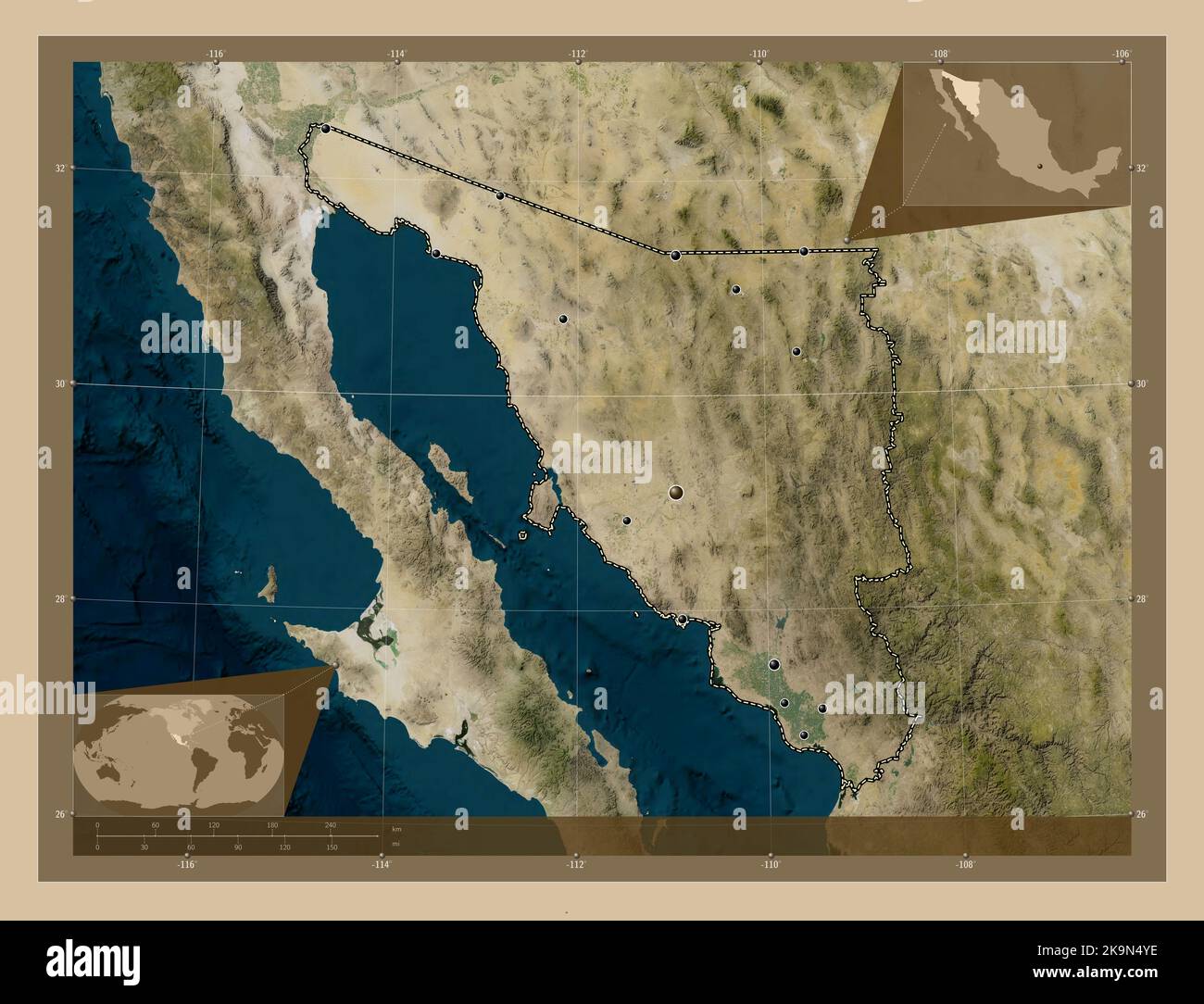 Sonora, state of Mexico. Low resolution satellite map. Locations of ...