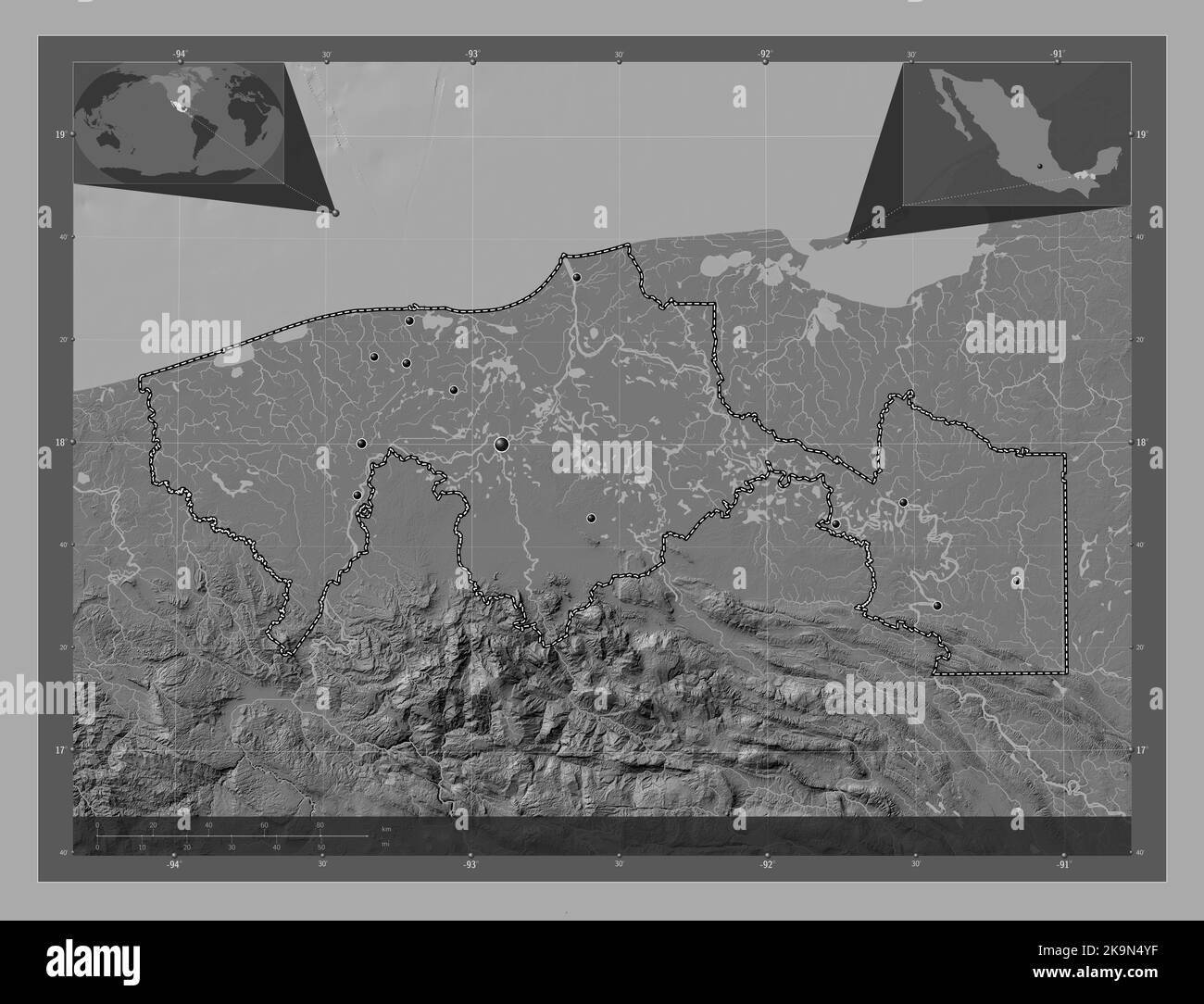 Tabasco, state of Mexico. Bilevel elevation map with lakes and rivers ...