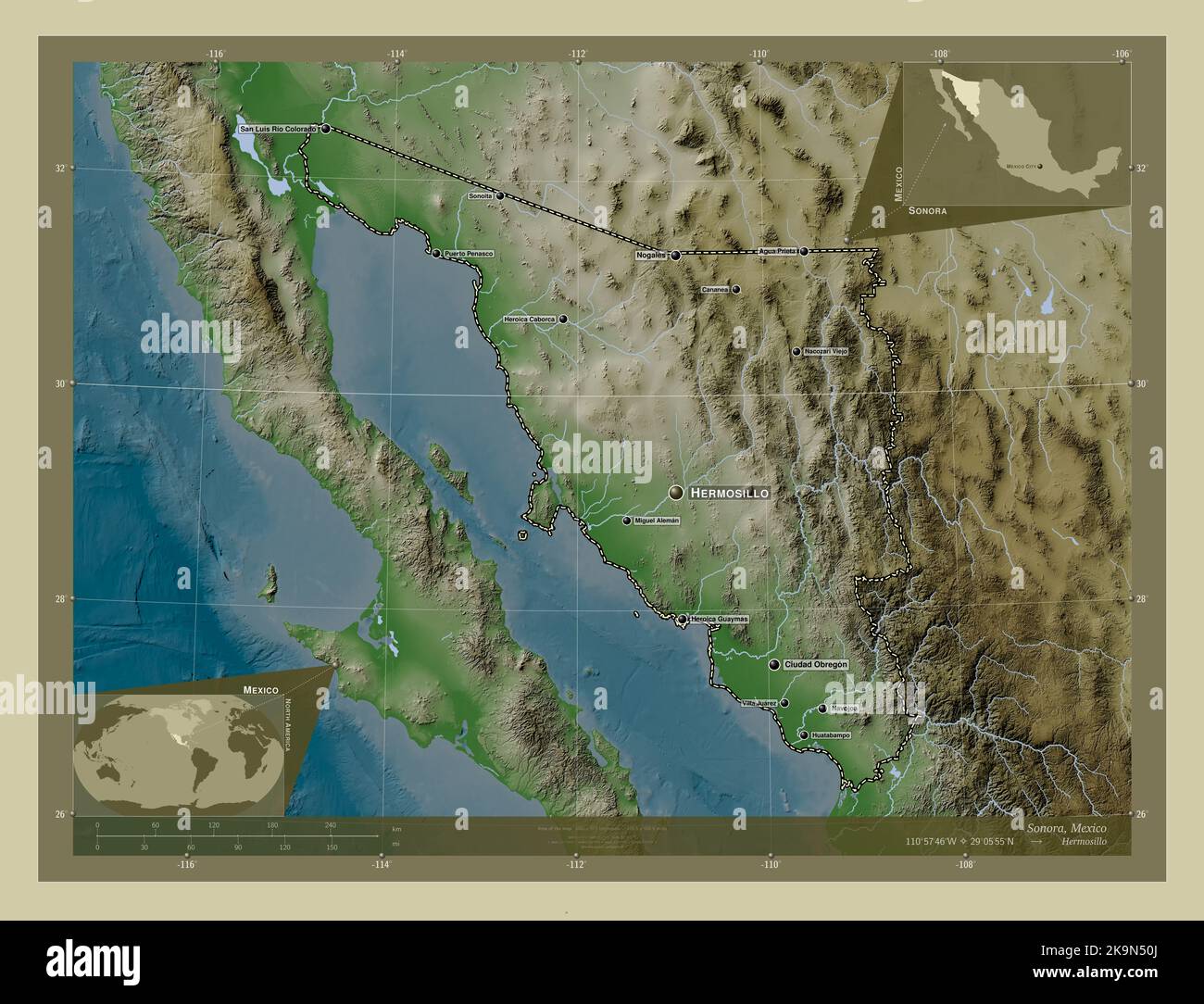 Sonora, state of Mexico. Elevation map colored in wiki style with lakes ...