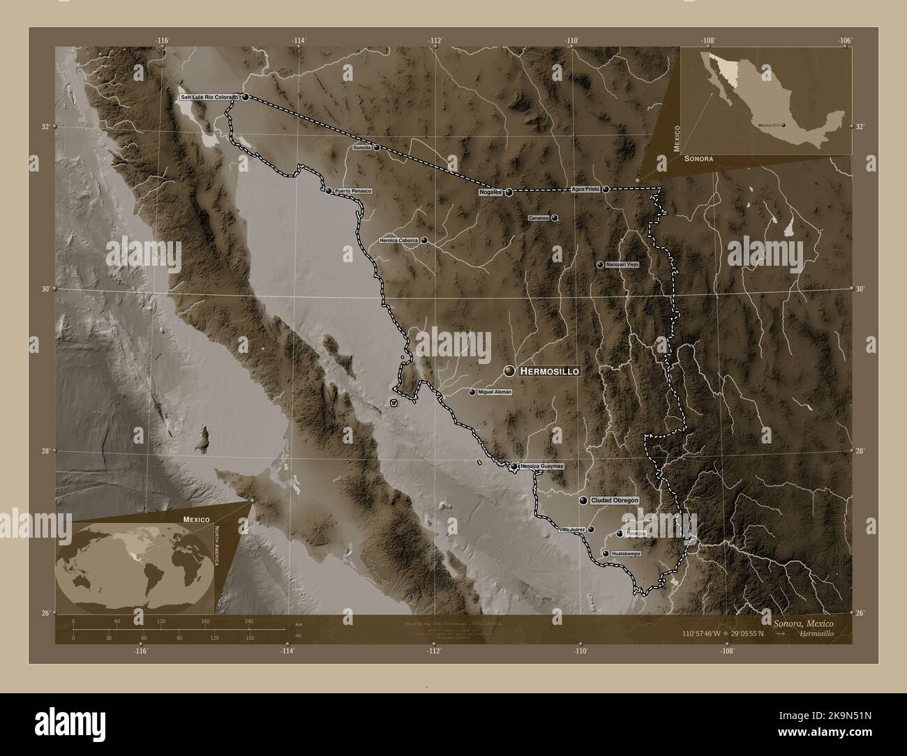 Sonora, state of Mexico. Elevation map colored in sepia tones with ...