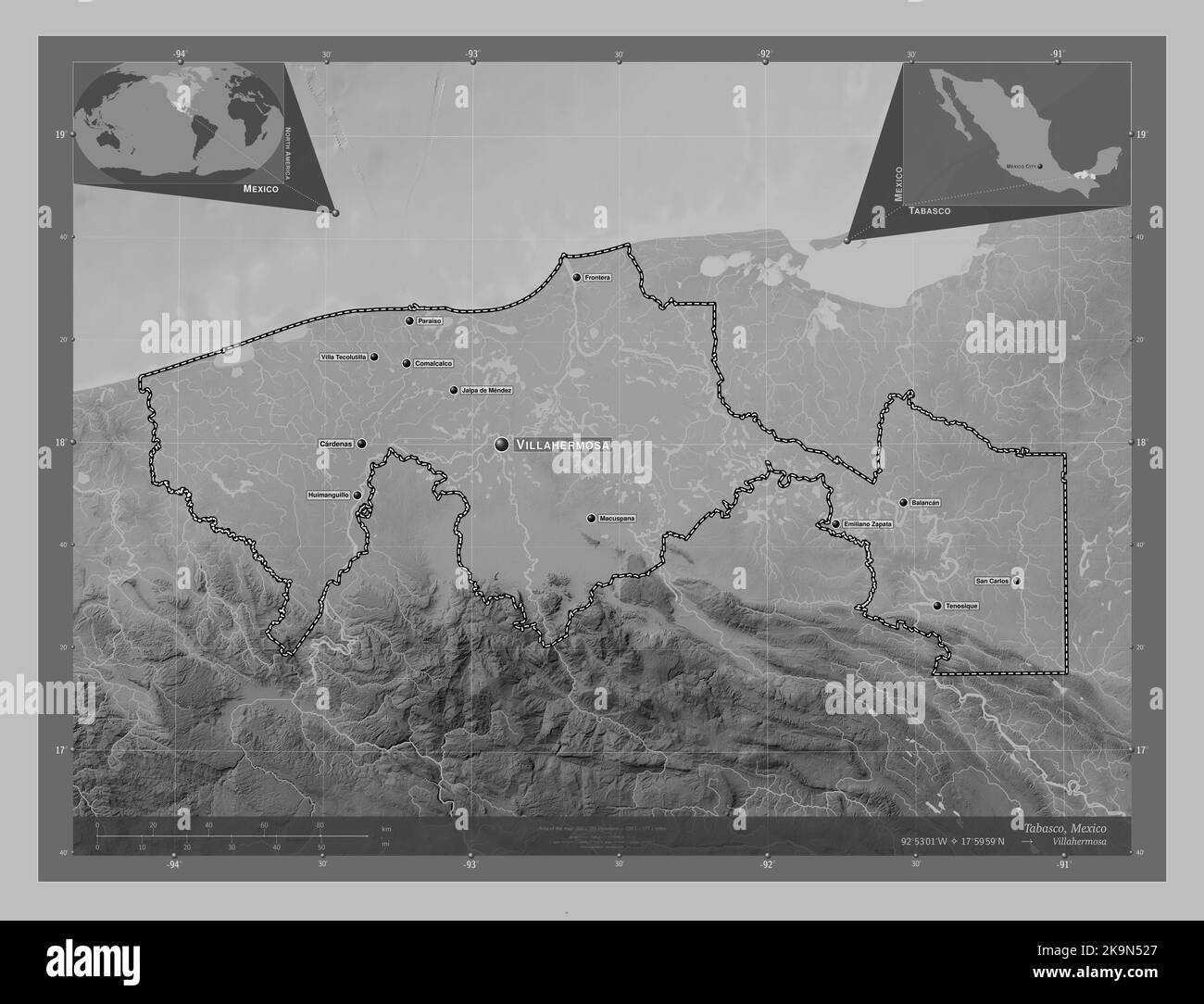 Tabasco, state of Mexico. Grayscale elevation map with lakes and rivers ...