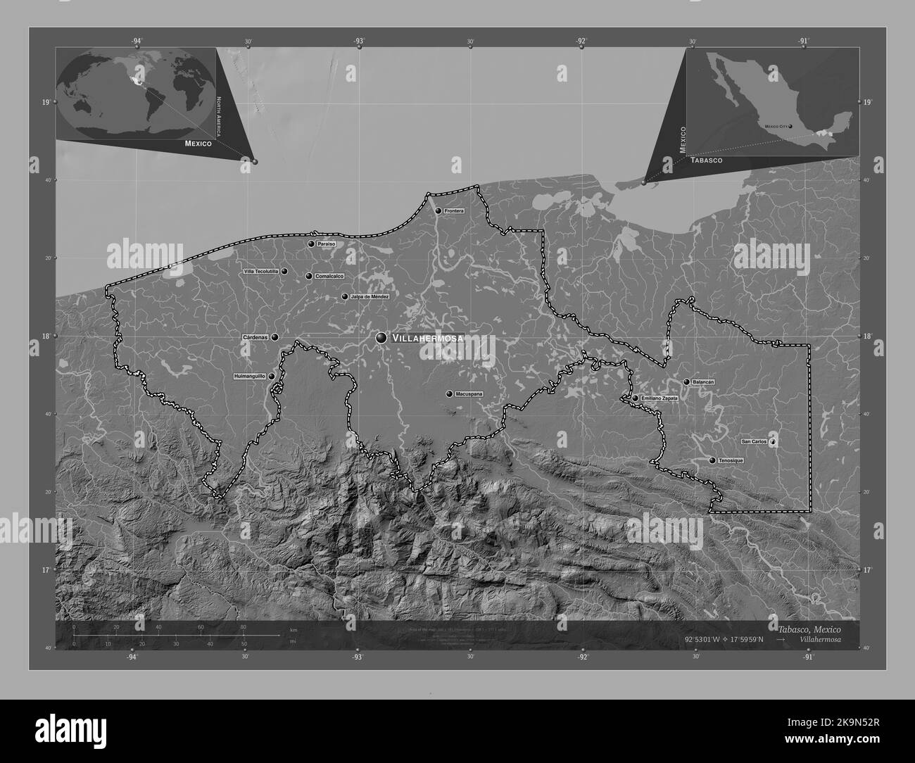 Tabasco, state of Mexico. Bilevel elevation map with lakes and rivers ...