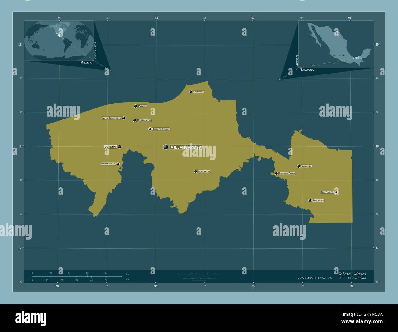 Tabasco, state of Mexico. Solid color shape. Locations and names of ...