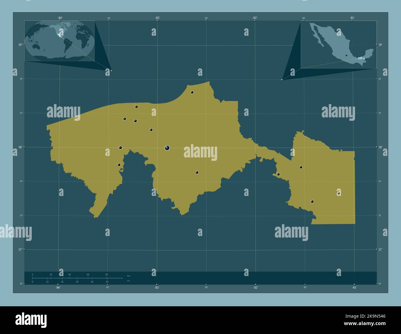 Tabasco, state of Mexico. Solid color shape. Locations of major cities ...