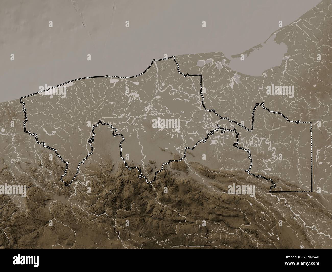 Tabasco, state of Mexico. Elevation map colored in sepia tones with ...