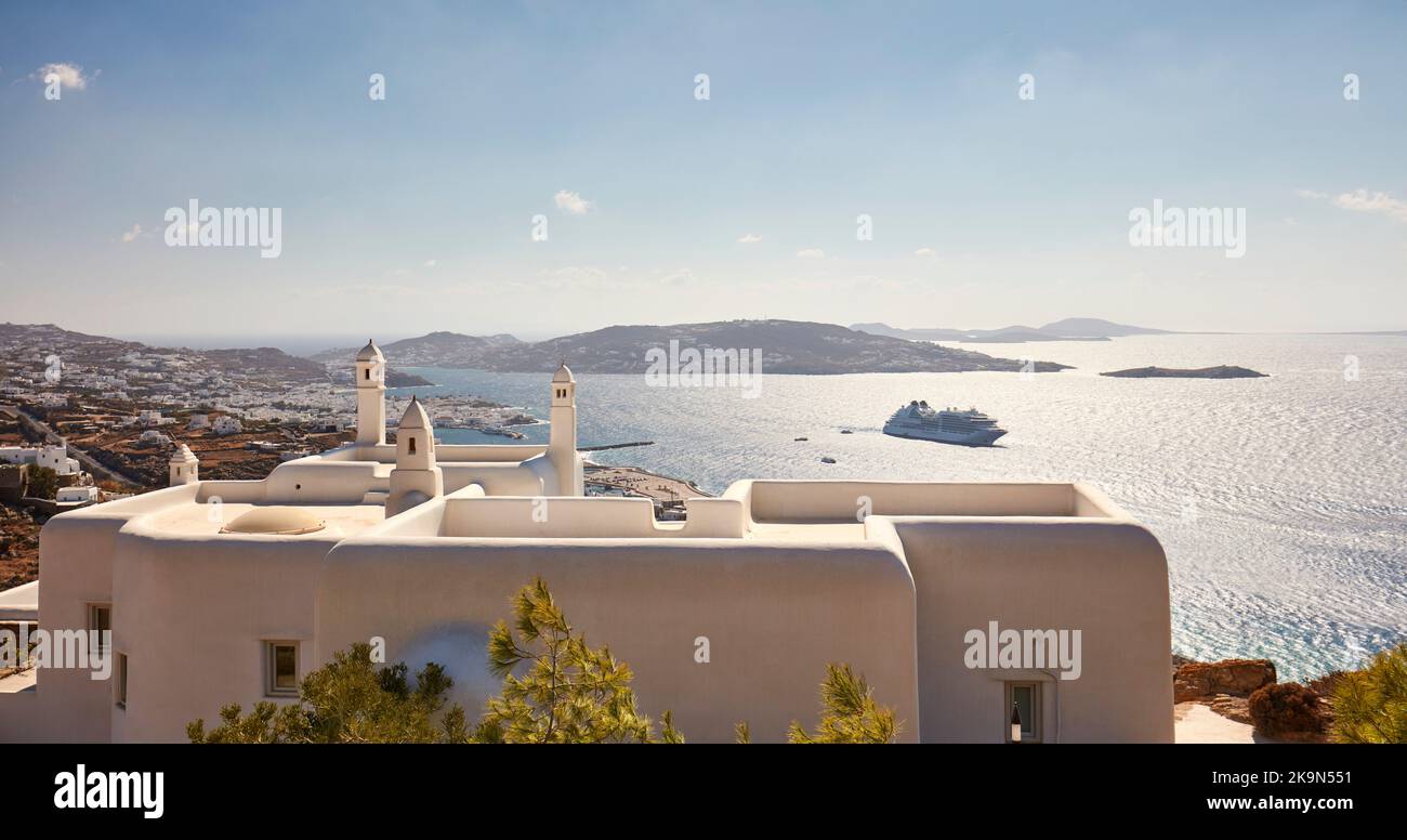 Mykonos island overview with cruise ship Stock Photo - Alamy
