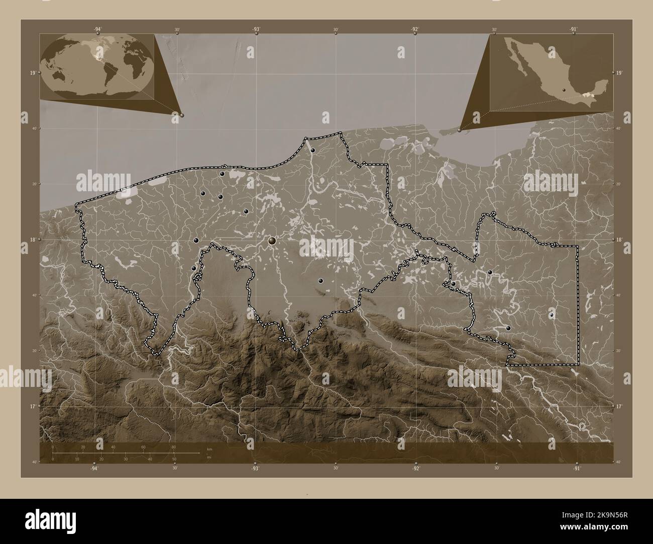 Tabasco, state of Mexico. Elevation map colored in sepia tones with ...
