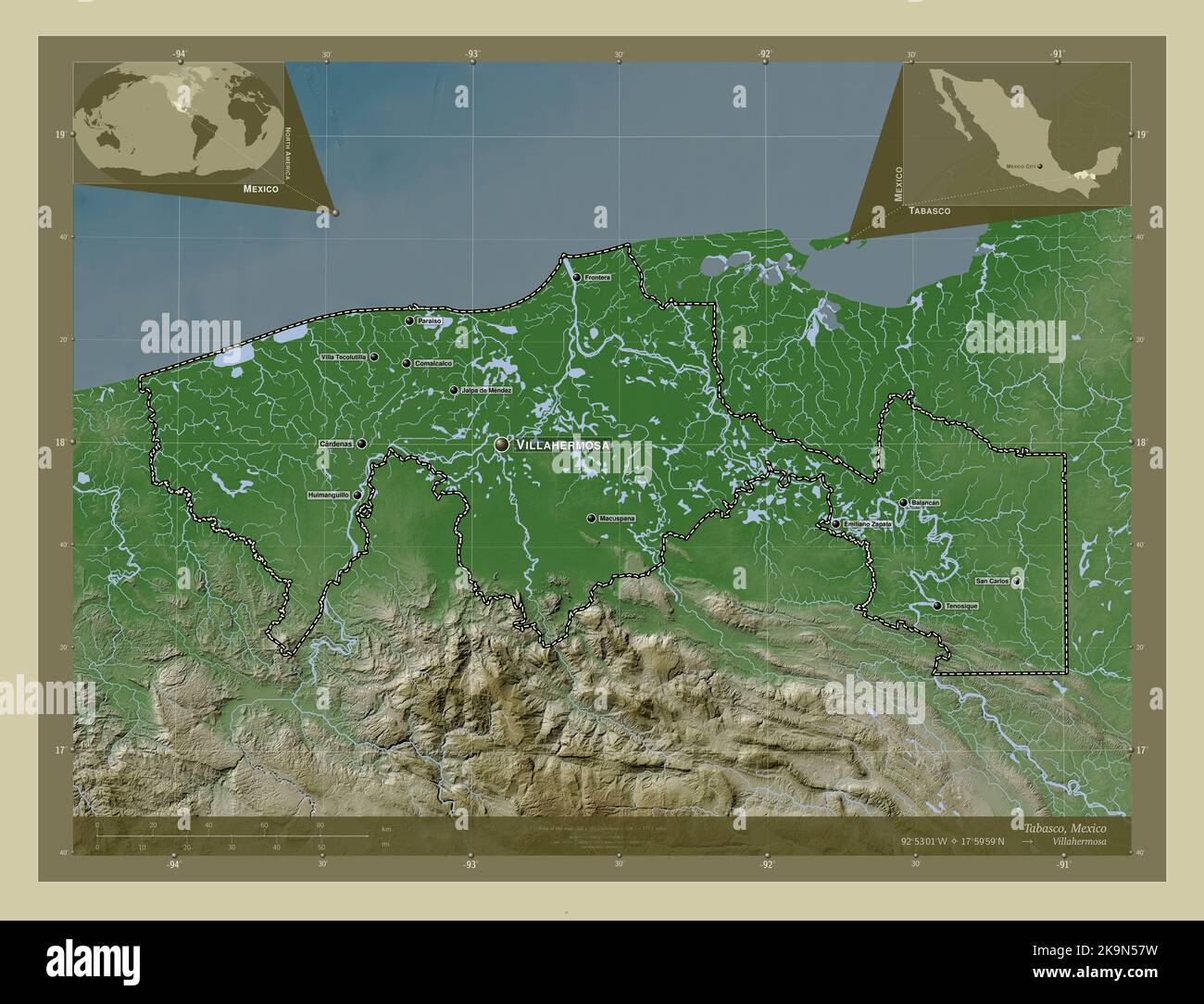 Tabasco, state of Mexico. Elevation map colored in wiki style with ...