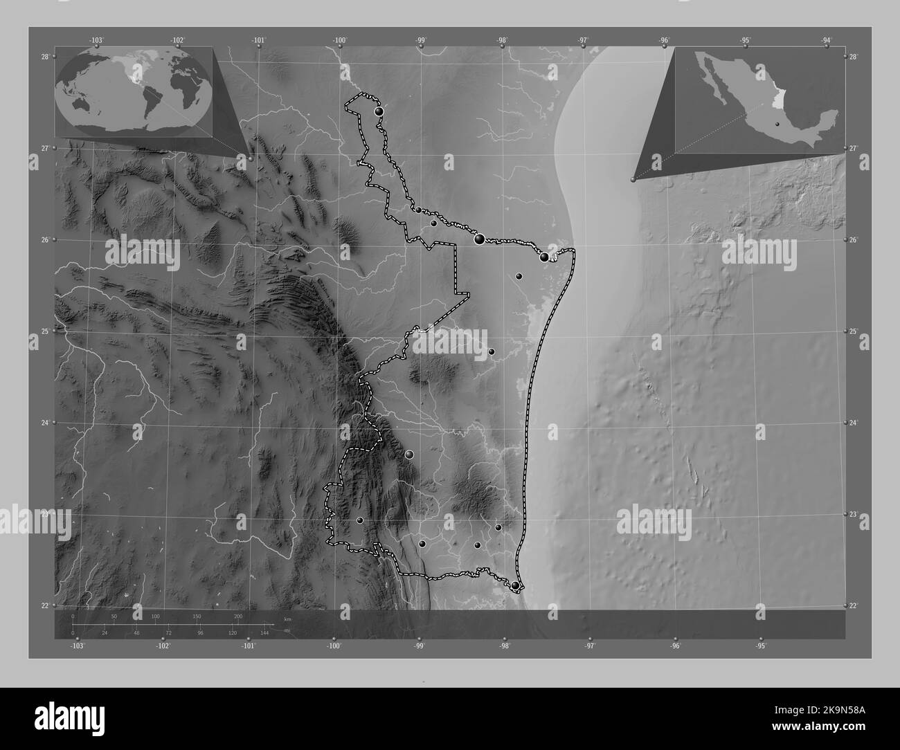 Tamaulipas, state of Mexico. Grayscale elevation map with lakes and ...