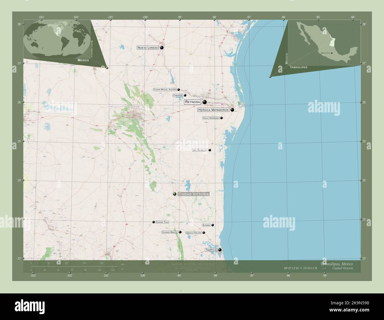 Tamaulipas, state of Mexico. Open Street Map. Locations and names of ...