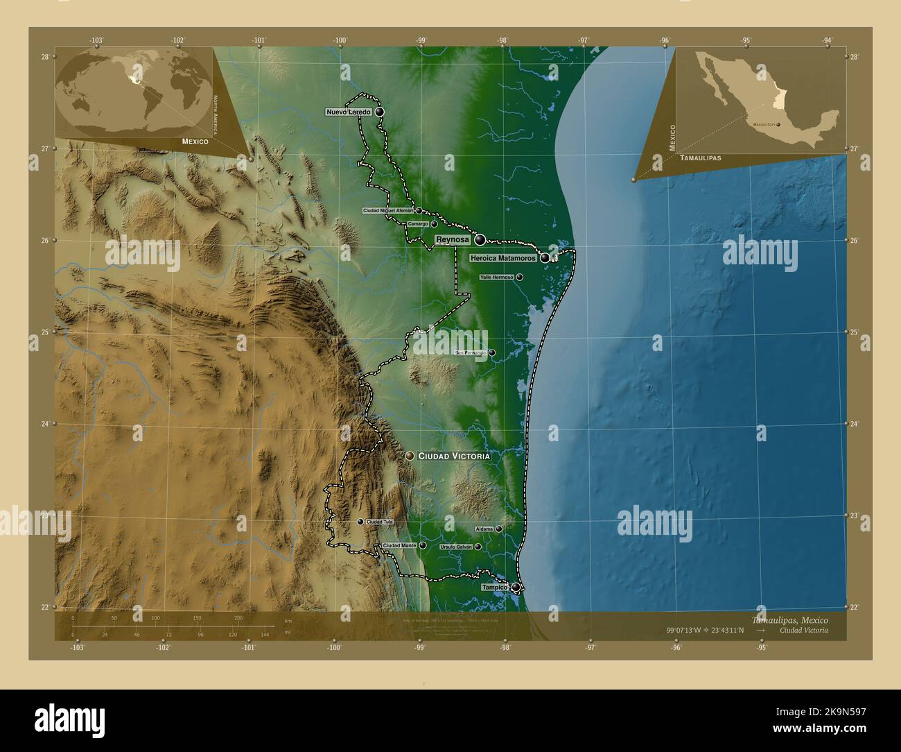 Tamaulipas, state of Mexico. Colored elevation map with lakes and ...