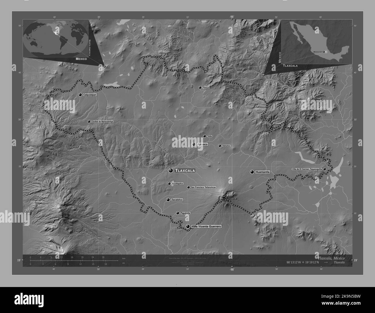 Tlaxcala, state of Mexico. Bilevel elevation map with lakes and rivers ...
