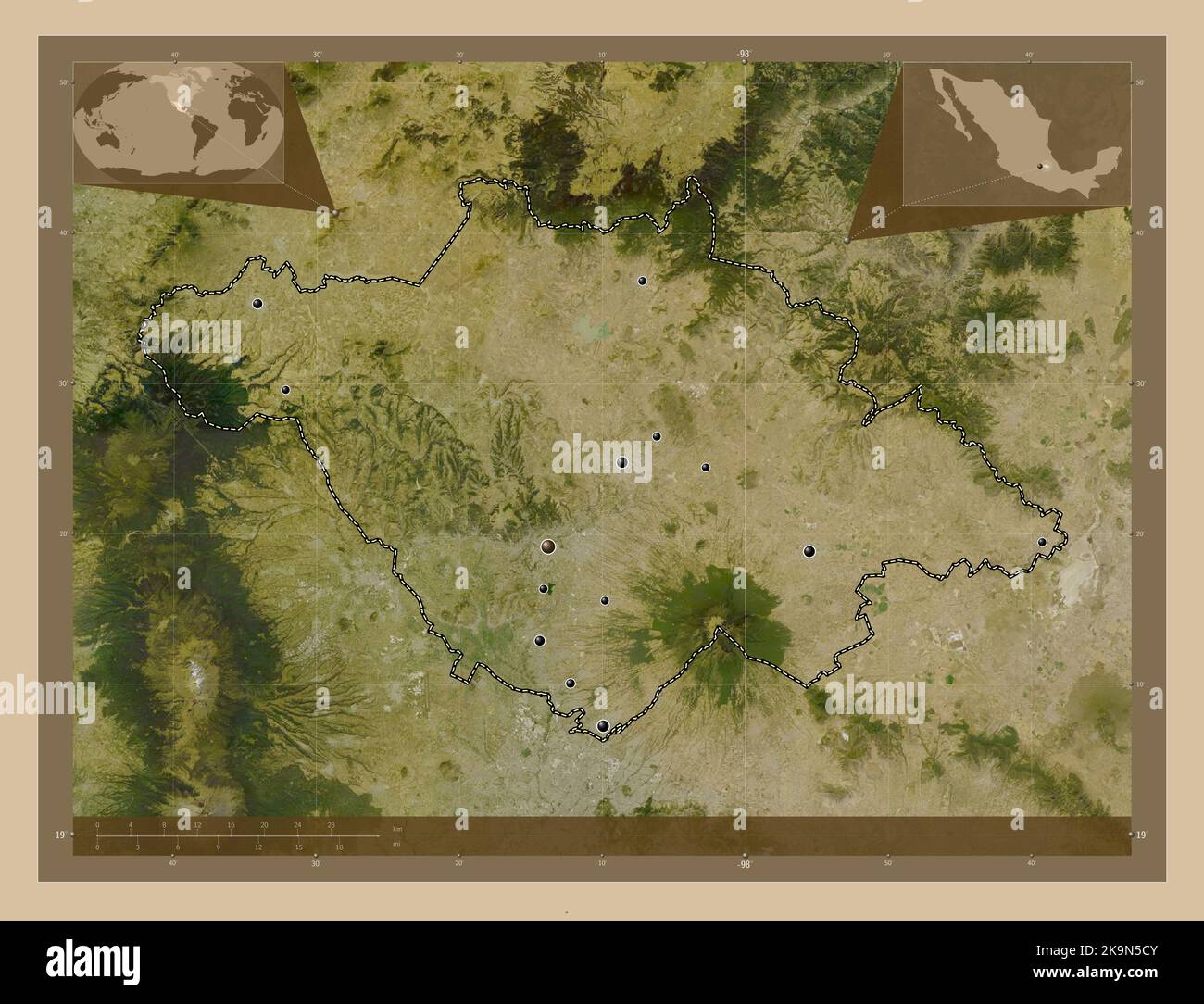 Tlaxcala, state of Mexico. Low resolution satellite map. Locations of ...