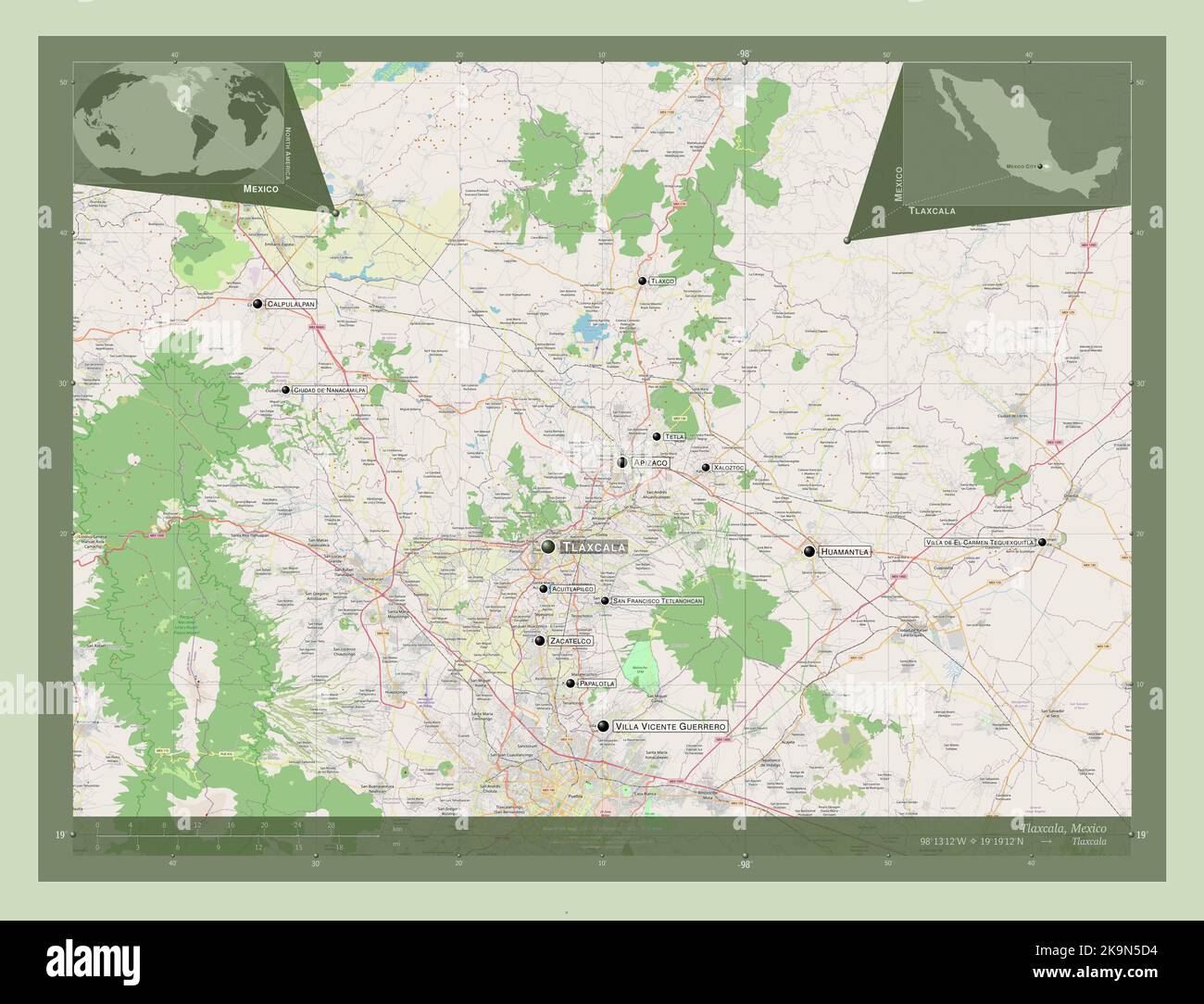 Tlaxcala, state of Mexico. Open Street Map. Locations and names of ...