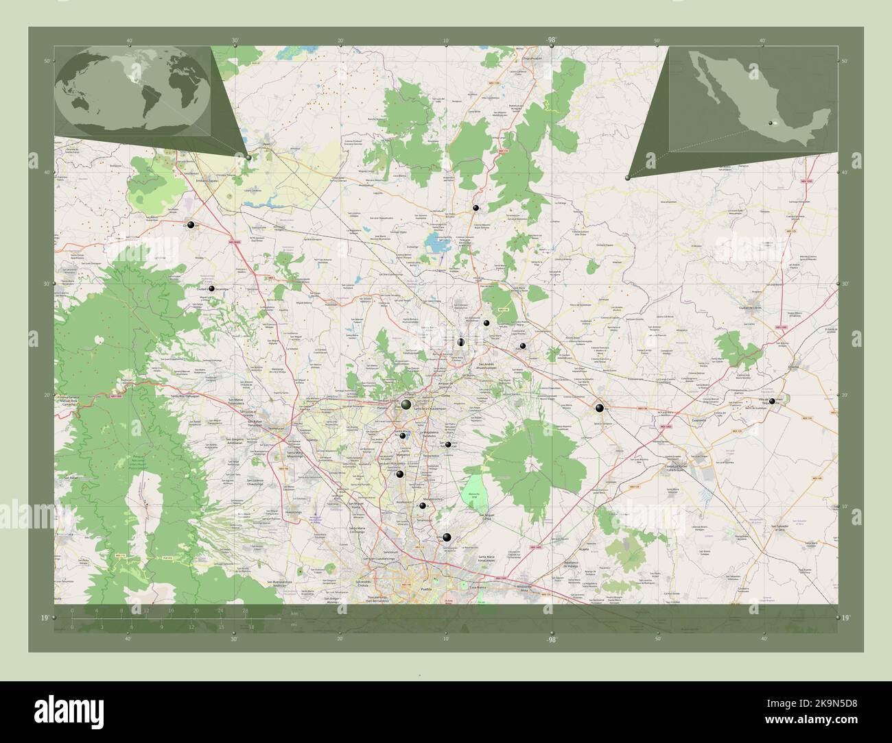 Tlaxcala, state of Mexico. Open Street Map. Locations of major cities ...