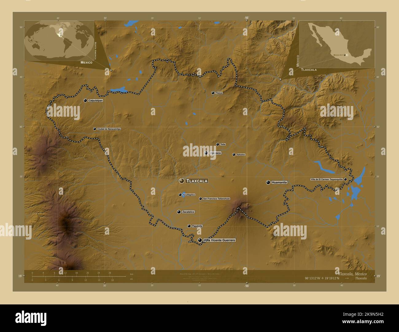 Tlaxcala, state of Mexico. Colored elevation map with lakes and rivers ...